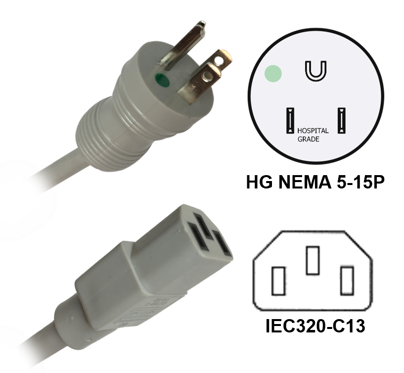 Hospital Grade NEMA 5-15P to IEC320-C13 20'0" 16AWG Gray Power Cord ...