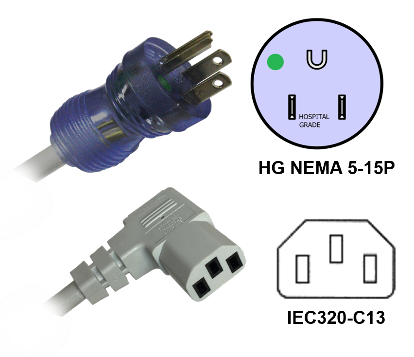 Hospital Grade NEMA 5-15P Clear Plug to Right Angle IEC320-C13 15'0 ...