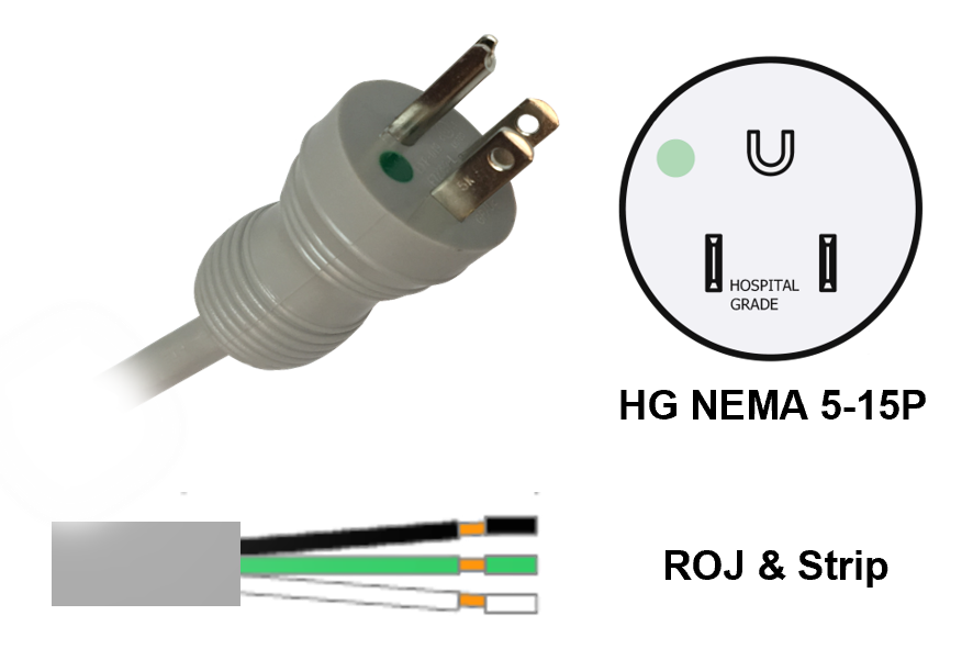 Hospital Grade NEMA 5-15P Gray Plug to ROJ and Strip 15'0" 16AWG Gray ...