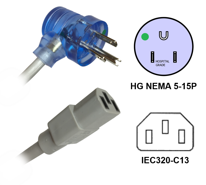Hospital Grade Right Angle NEMA 5-15P Clear Plug to IEC320-C13 10'0 ...