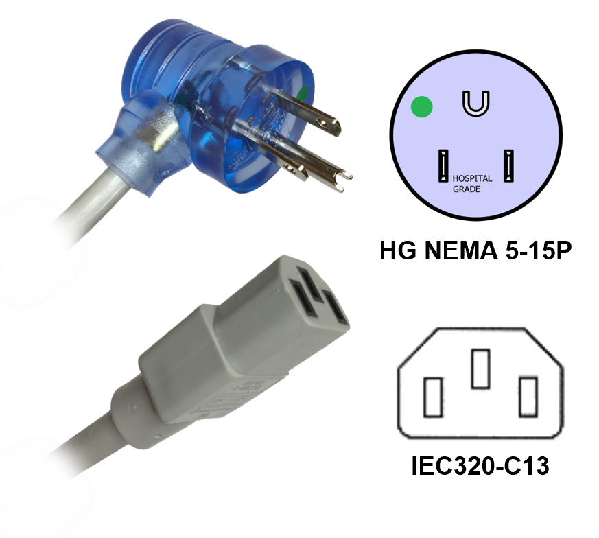 Hospital Grade Right Angle NEMA 5-15P Clear Plug to IEC320-C13 15'0 ...