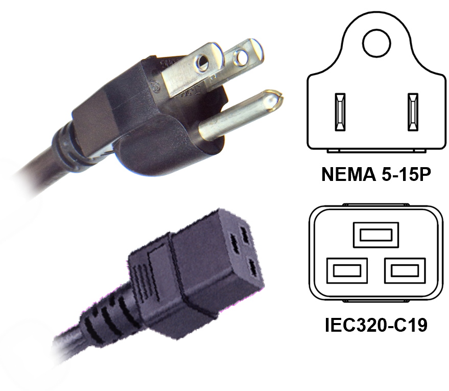 NEMA 5-15P to IEC320-C19 8'0" 14AWG SJT Black Power Cord | Webber Electronics