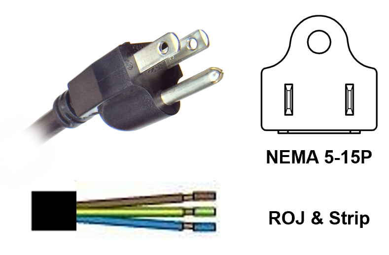 NEMA 5-15P to ROJ 2.0" Strip 5/8" 6'7" 18AWG SVT Black Power Cord ...