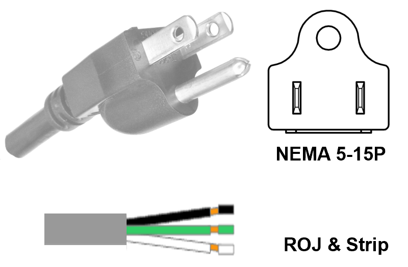 NEMA 5-15P to ROJ 2.0" Strip 5/8" 6'0" 18AWG SJT Gray Power Cord ...
